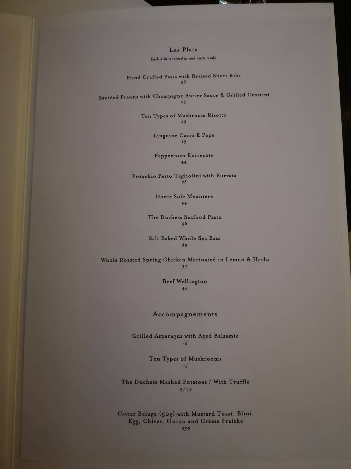 Menu at THE DUCHESS, Amsterdam