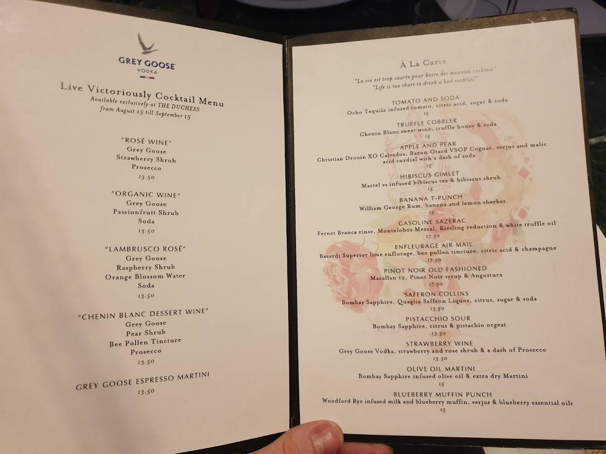 Menu at THE DUCHESS, Amsterdam
