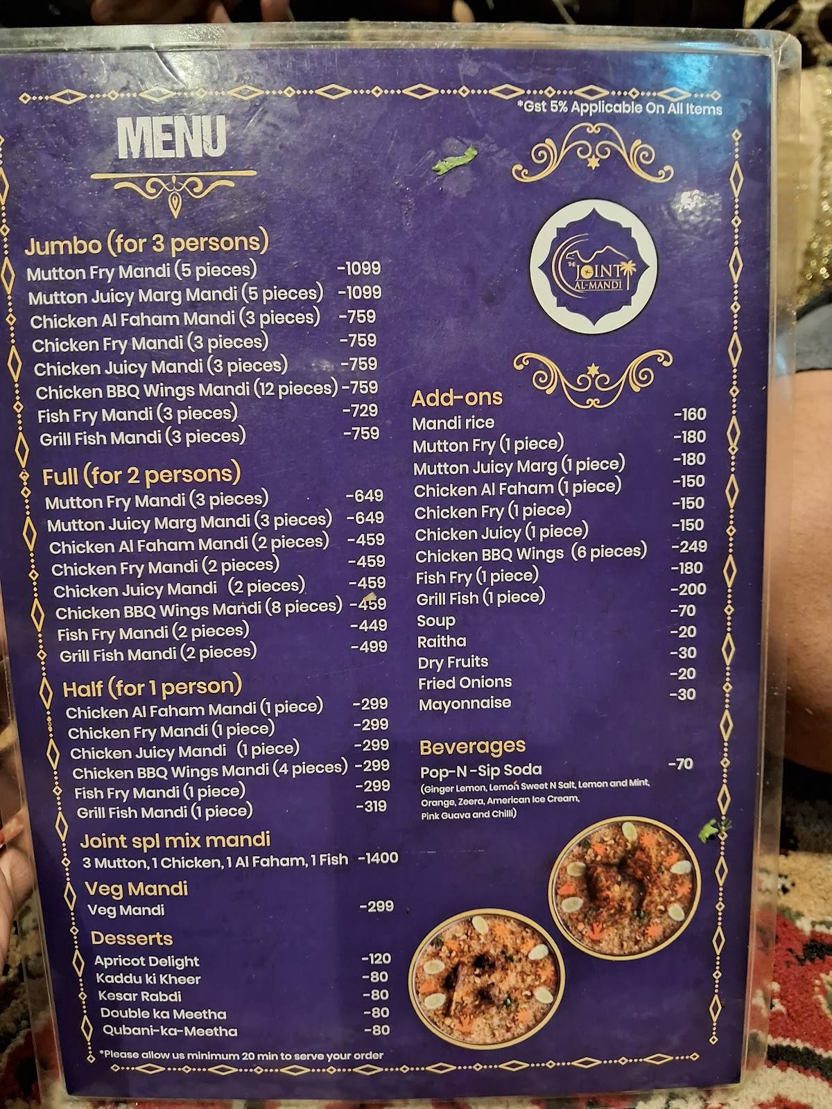 Menu at THE JOINT AL- MANDI, Secunderabad