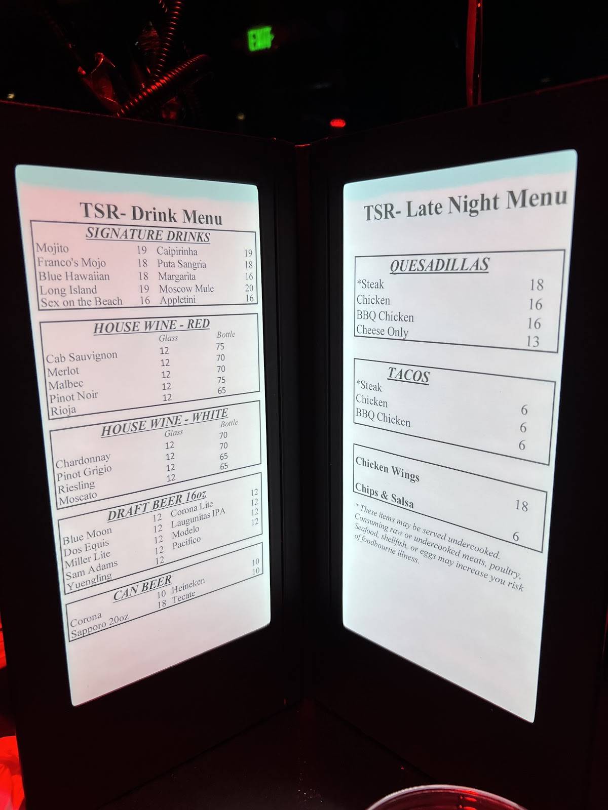 Menu at THE SALSA ROOM club, McLean
