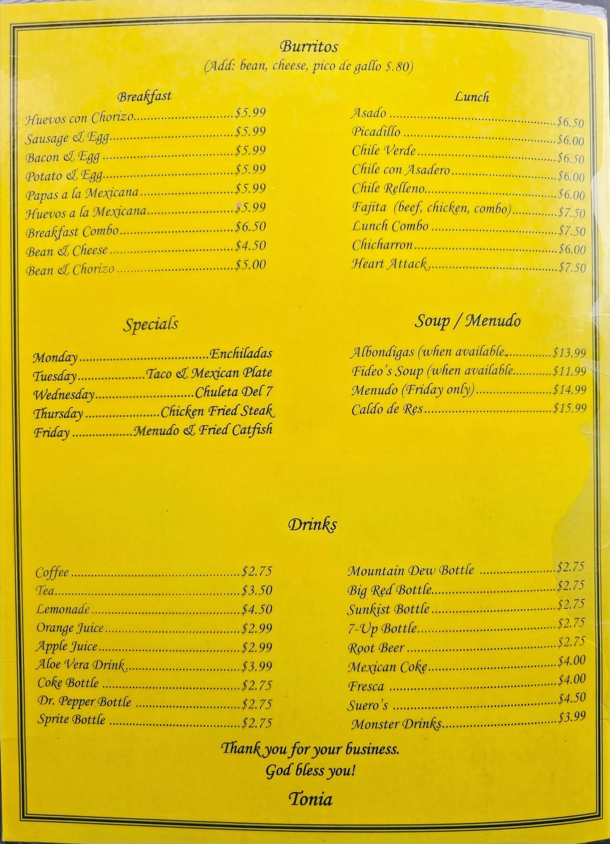 Menu at TONIA'S CAFE, Goldsmith