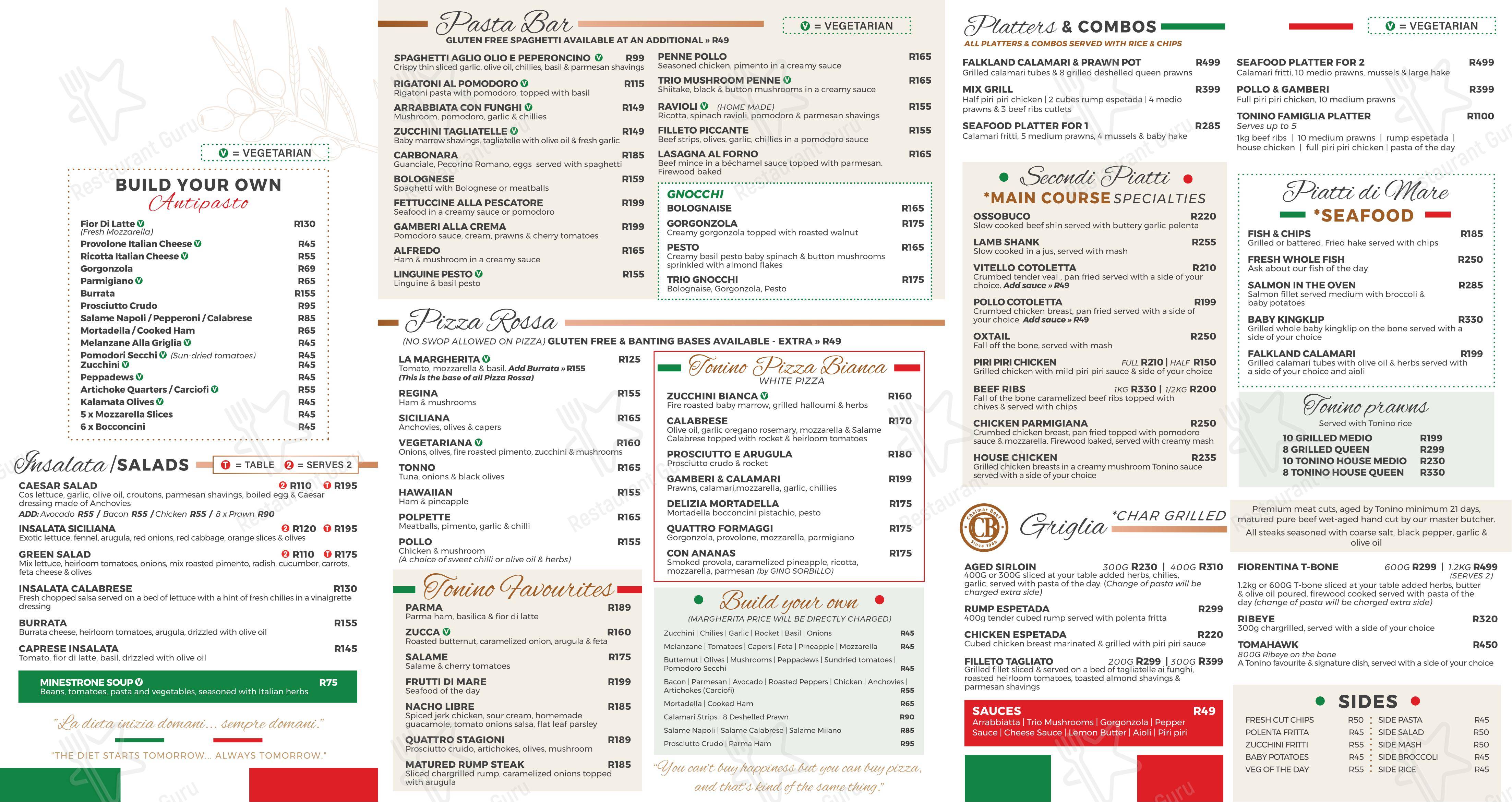 Menu at TONINO CUCINA BENONI restaurant, Benoni