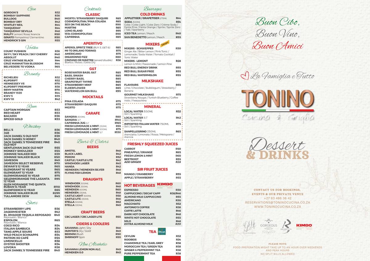 Menu at TONINO CUCINA BENONI restaurant, Benoni