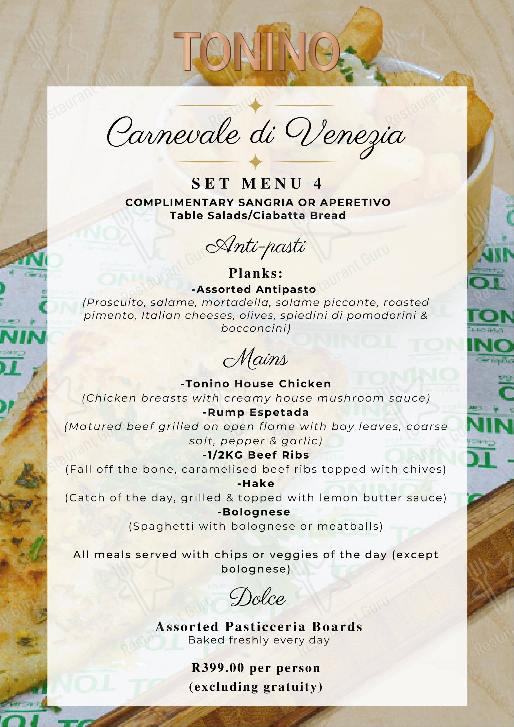 Menu at TONINO CUCINA BENONI restaurant, Benoni