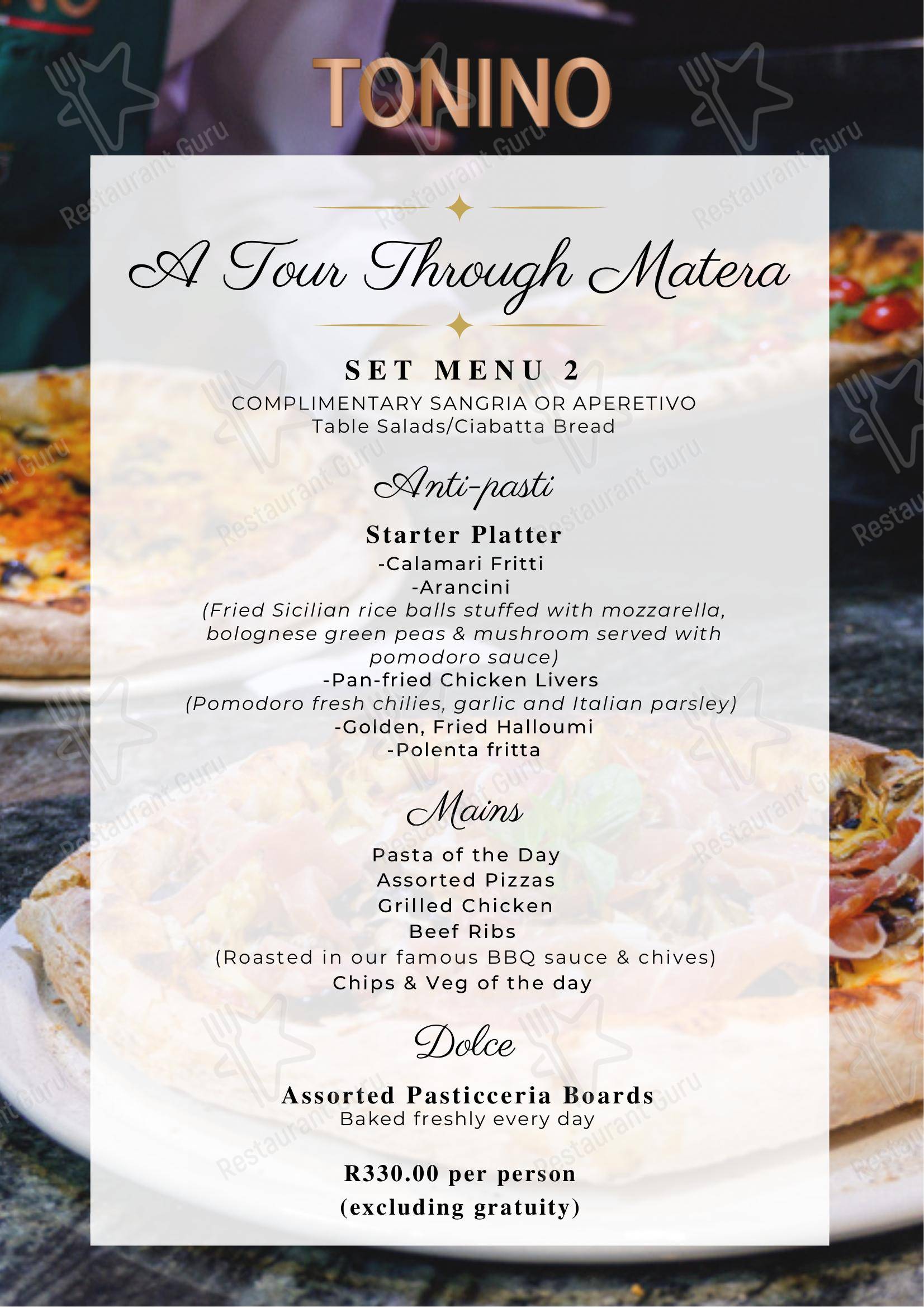 Menu at TONINO CUCINA & GRIGLIA restaurant, Benoni