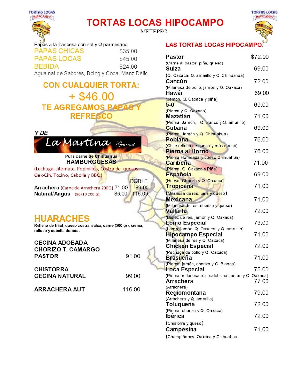 Menu at TORTAS LOCAS HIPOCAMPO TECNOLOGICO restaurant, Metepec