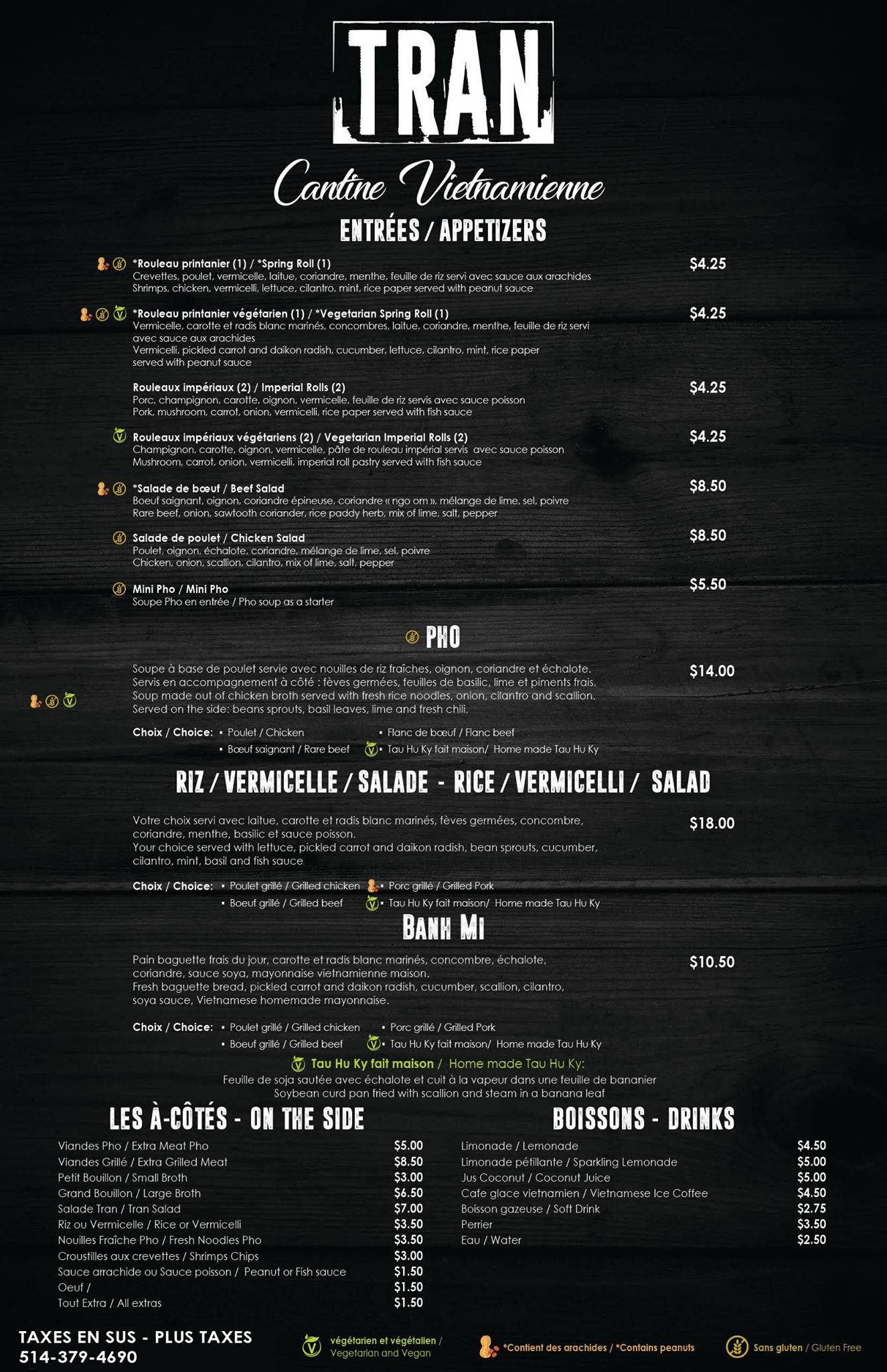 Menu at TRAN Cantine Vietnamienne restaurant, Montréal, Notre-Dame St W