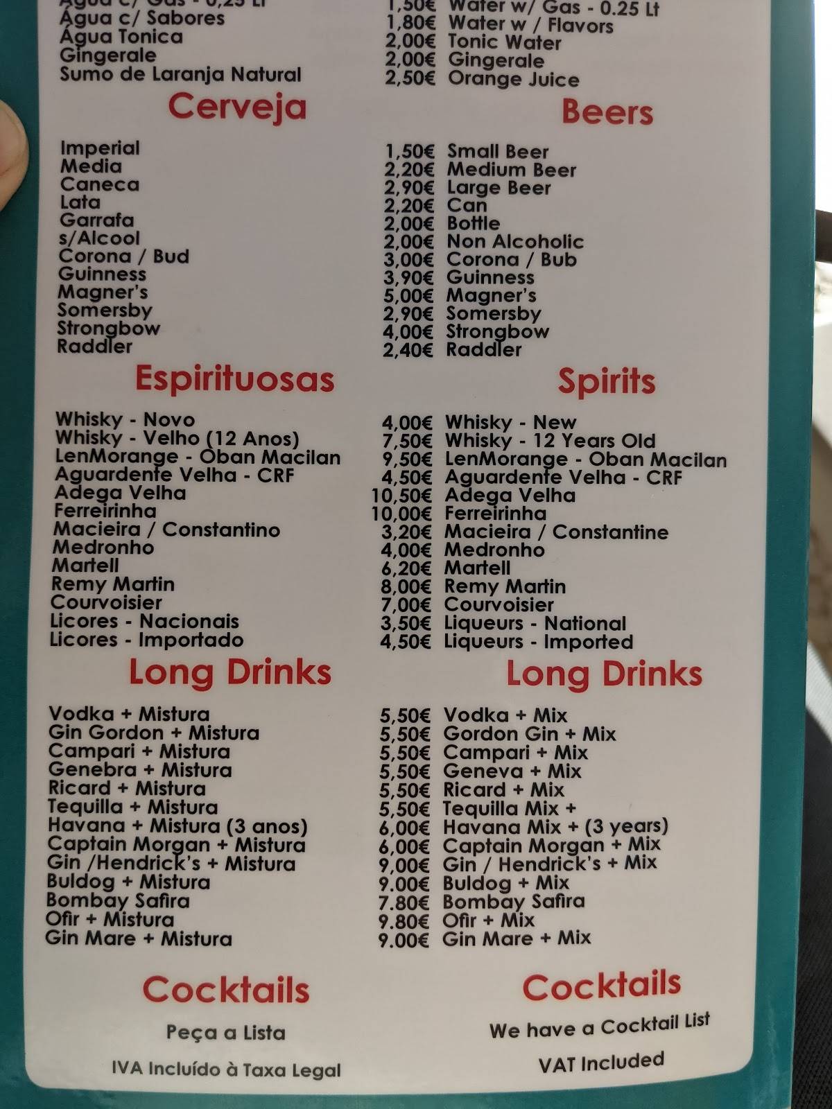 Menu at Taberna Forja cafe, Olhos de Água