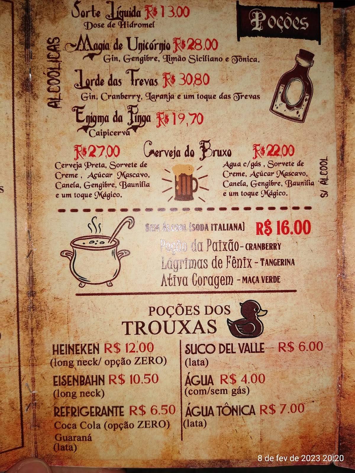 Carta del pub y bar Taberna do Bruxo, Campinas