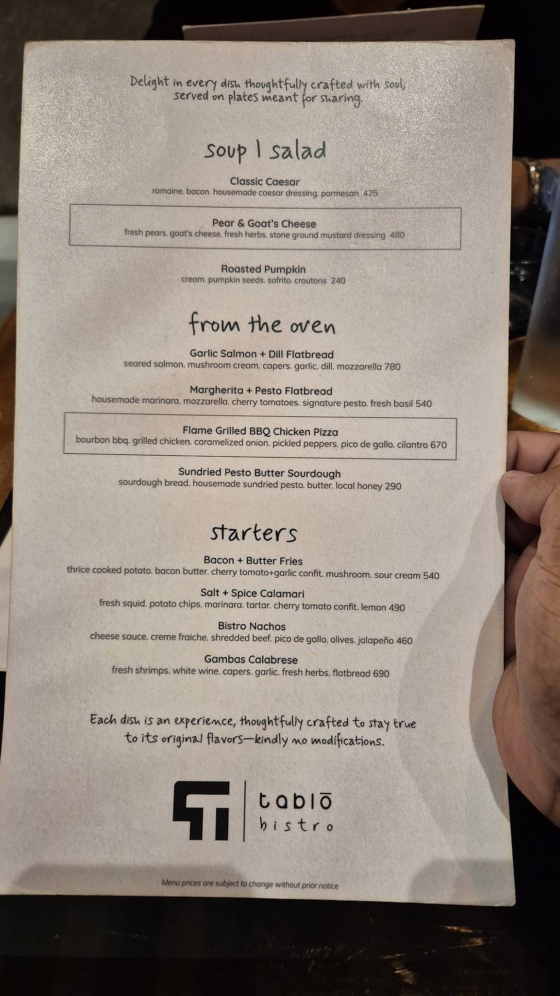 Menu at Tablo Bistro restaurant, Quezon City