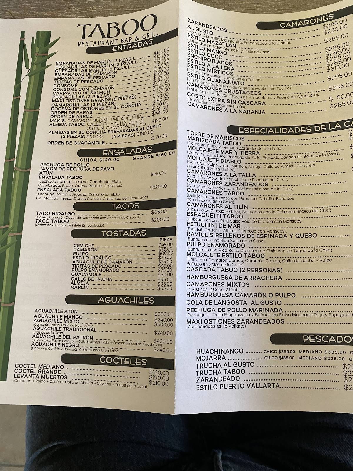 Carta de Taboo Bar & Grill, Ciudad Hidalgo