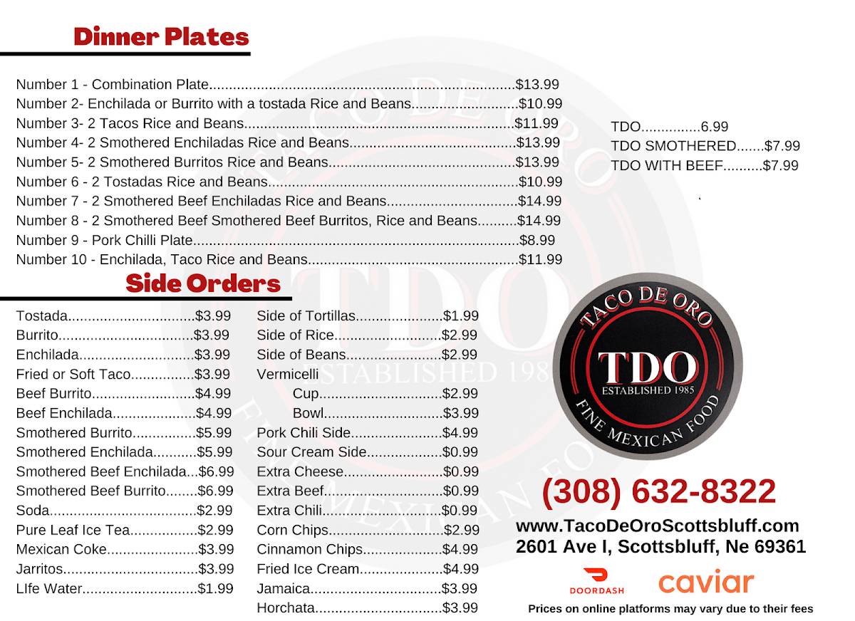 Menu at Taco De Oro restaurant, Scottsbluff