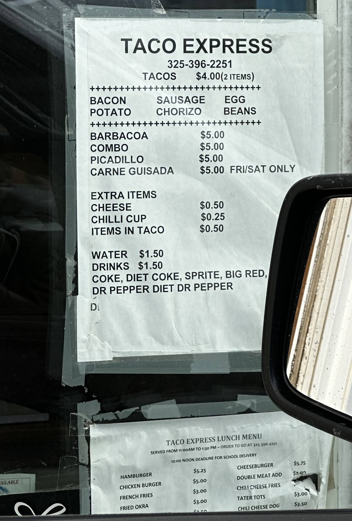 Menu at Taco Express restaurant, Menard, 708 Frisco Ave