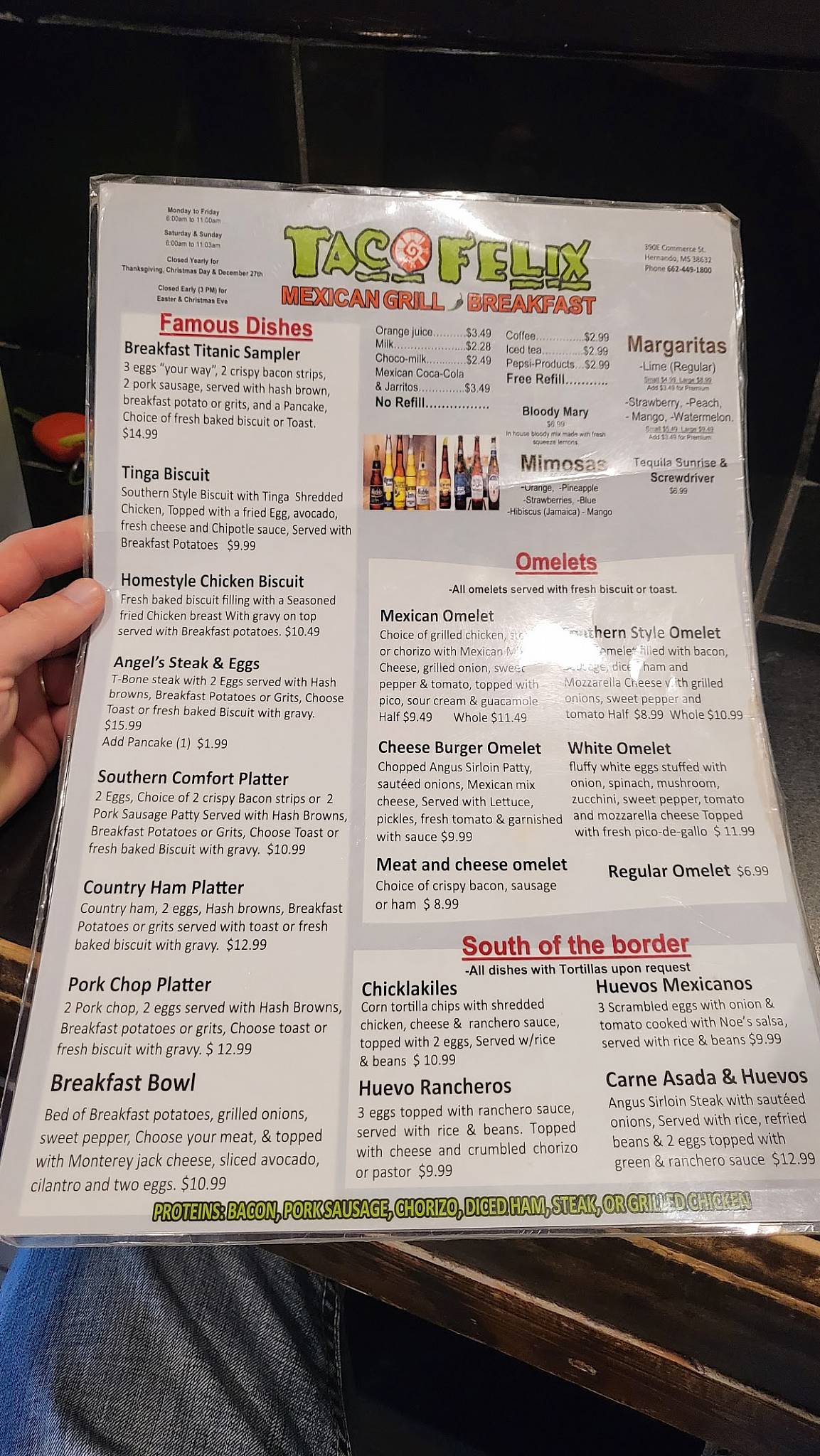 Menu at Taco Felix restaurant, Hernando, 390 E Commerce St