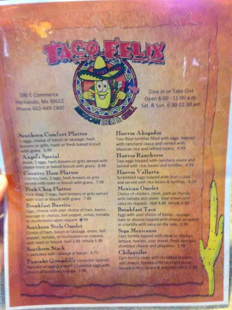 Menu at Taco Felix restaurant, Hernando, 390 E Commerce St