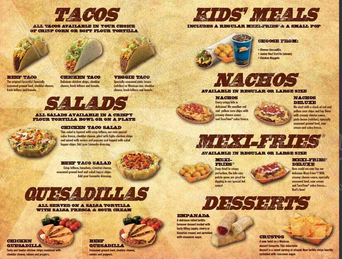 Menu at Taco Time fast food, Swift Current, 5-1150 Central Ave N