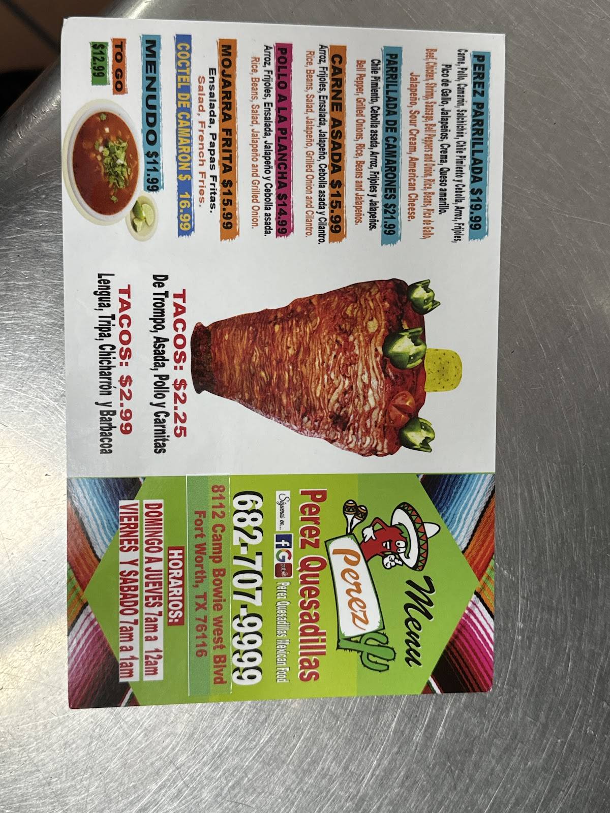 Menu at Tacos perez restaurant, Fort Worth