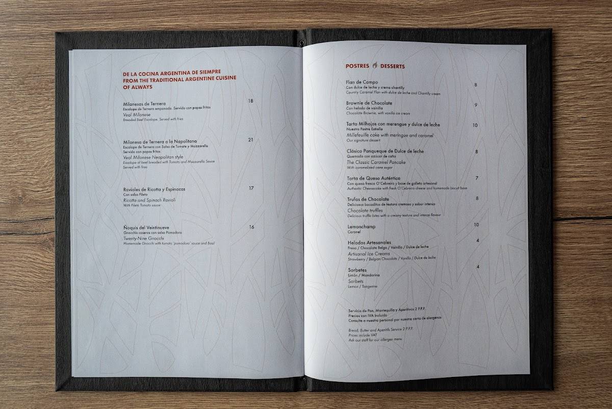 Menu at Tafí Marbella restaurant, Marbella