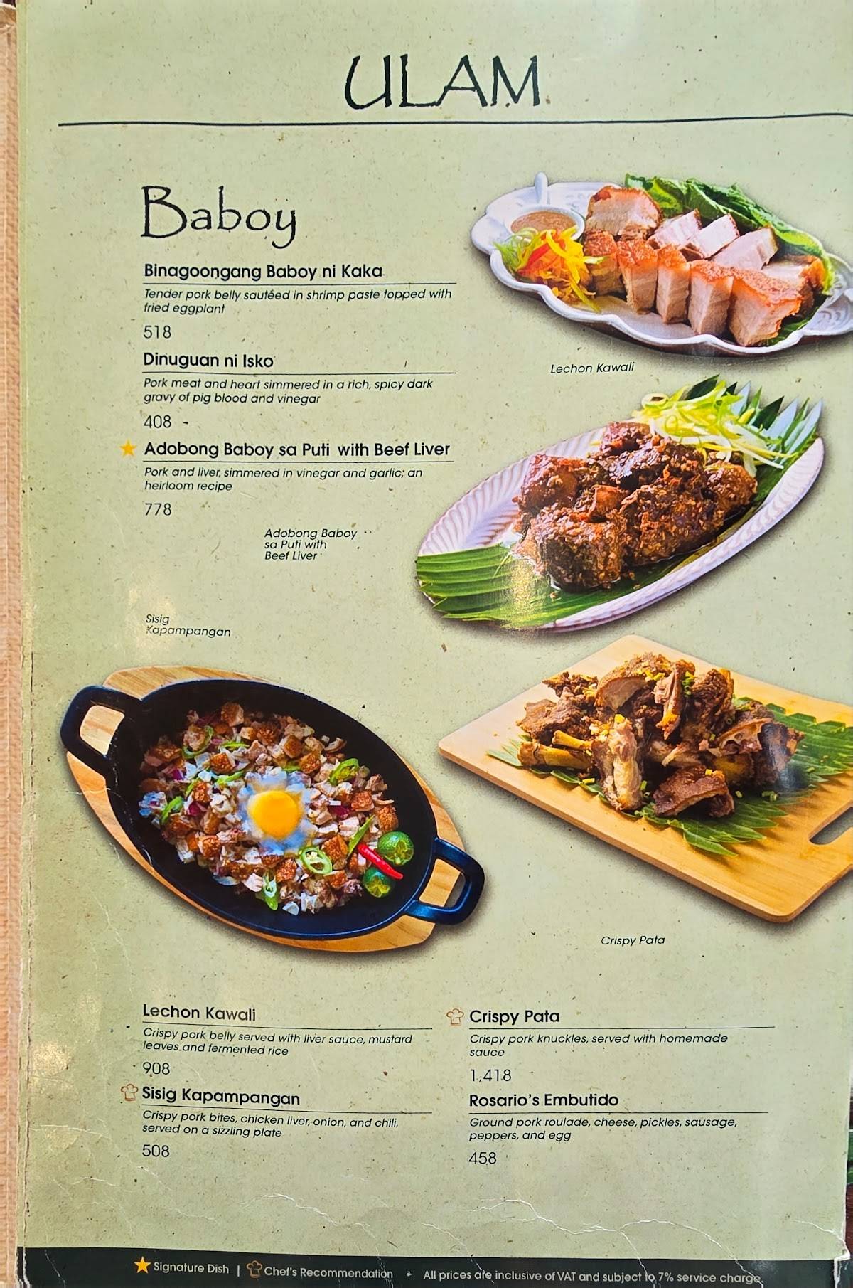Menu at Rosario, Pamanang Panlasa restaurant, Tagaytay