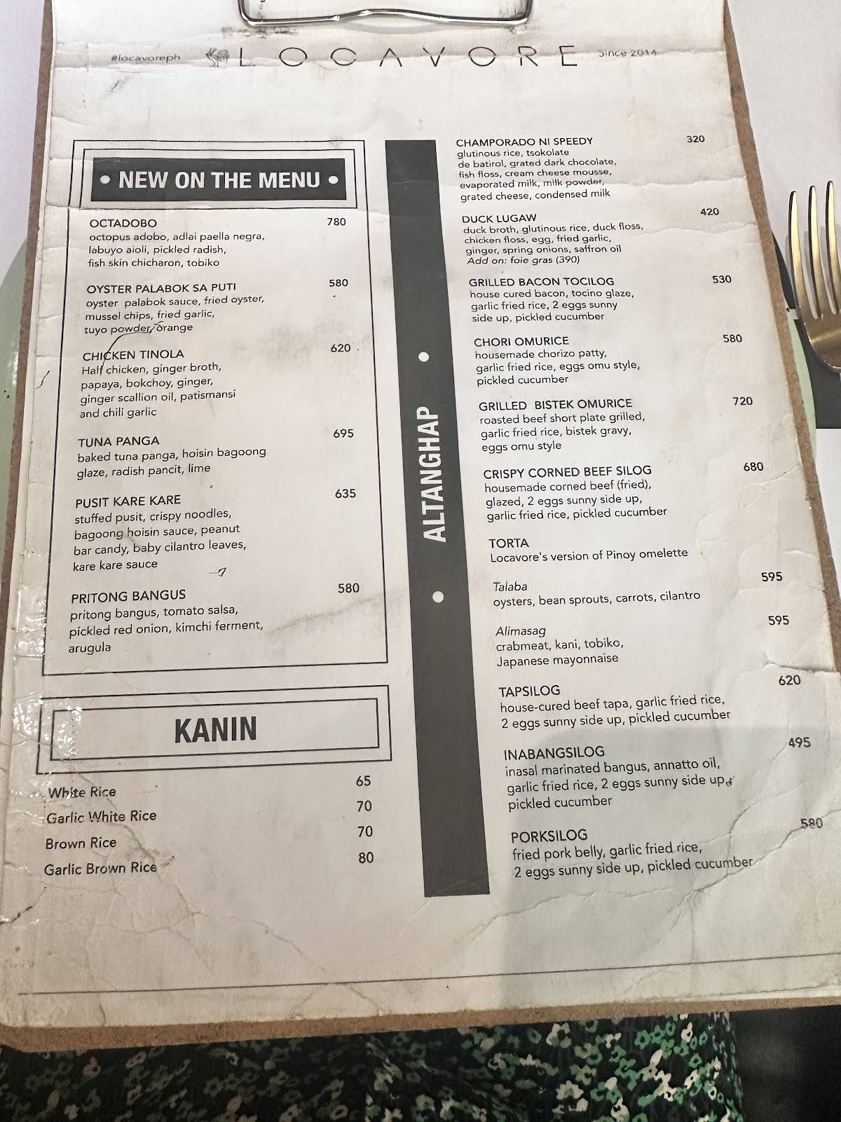 Menu at Locavore BGC restaurant, Taguig, Forbes Town Center