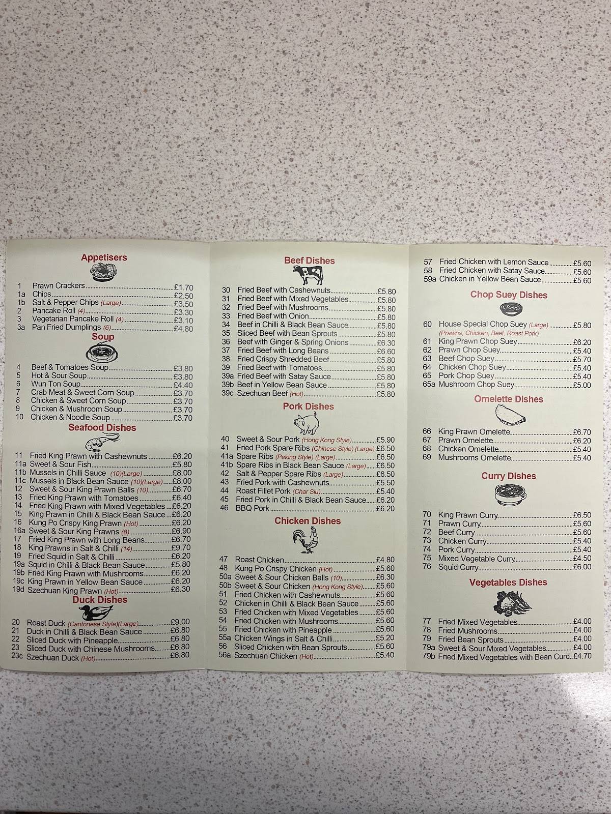 Menu at Tai Cheong fast food, London