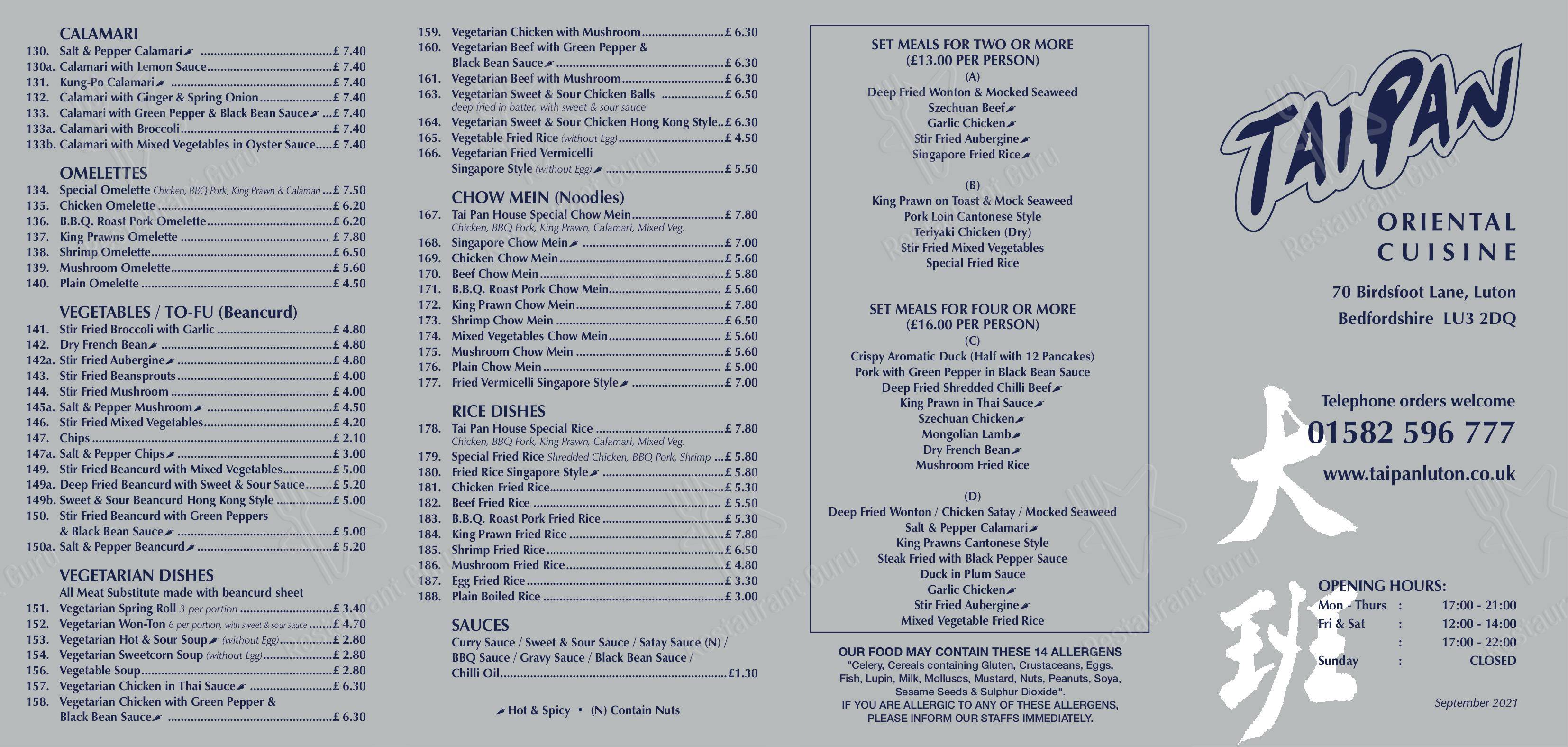 Menu at Tai Pan fast food, Luton, 70 Birdsfoot Ln