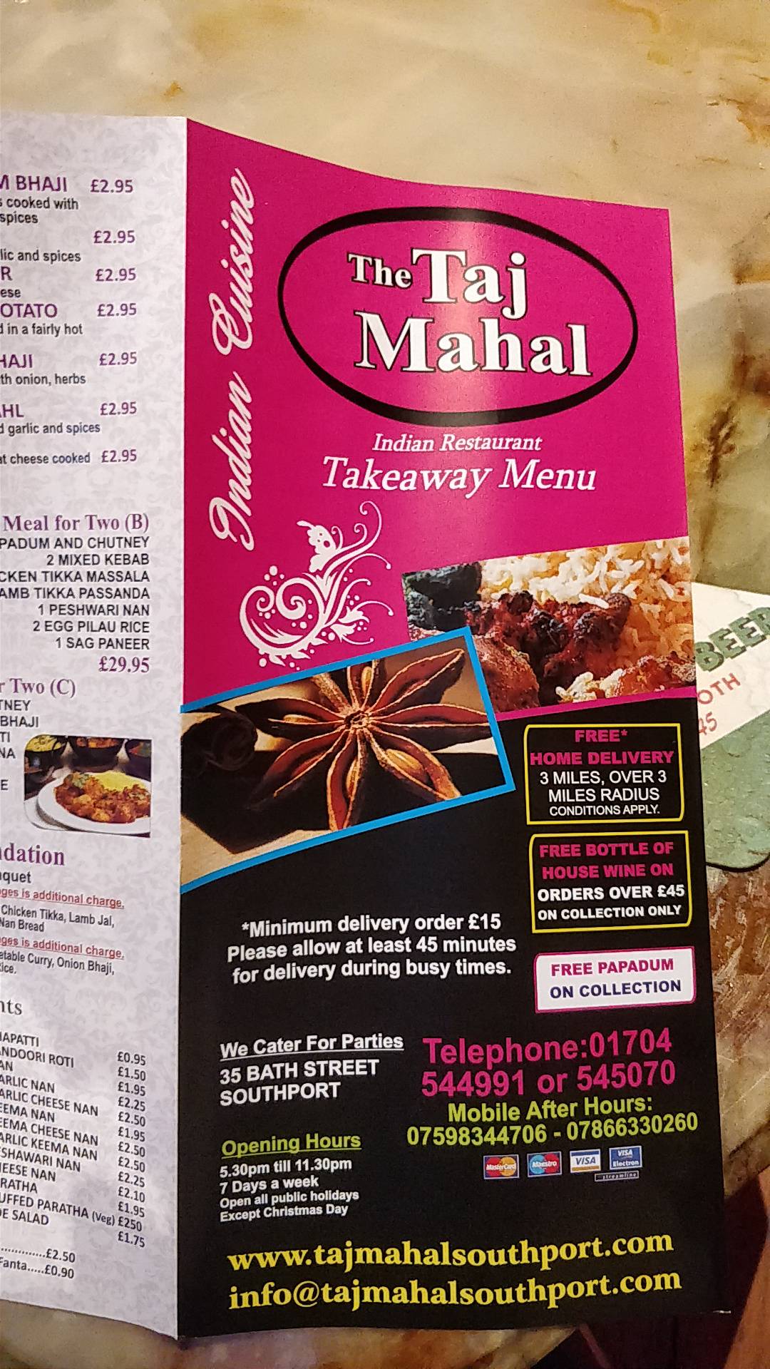 Menu at Taj Mahal restaurant, Southport, 35 Bath St