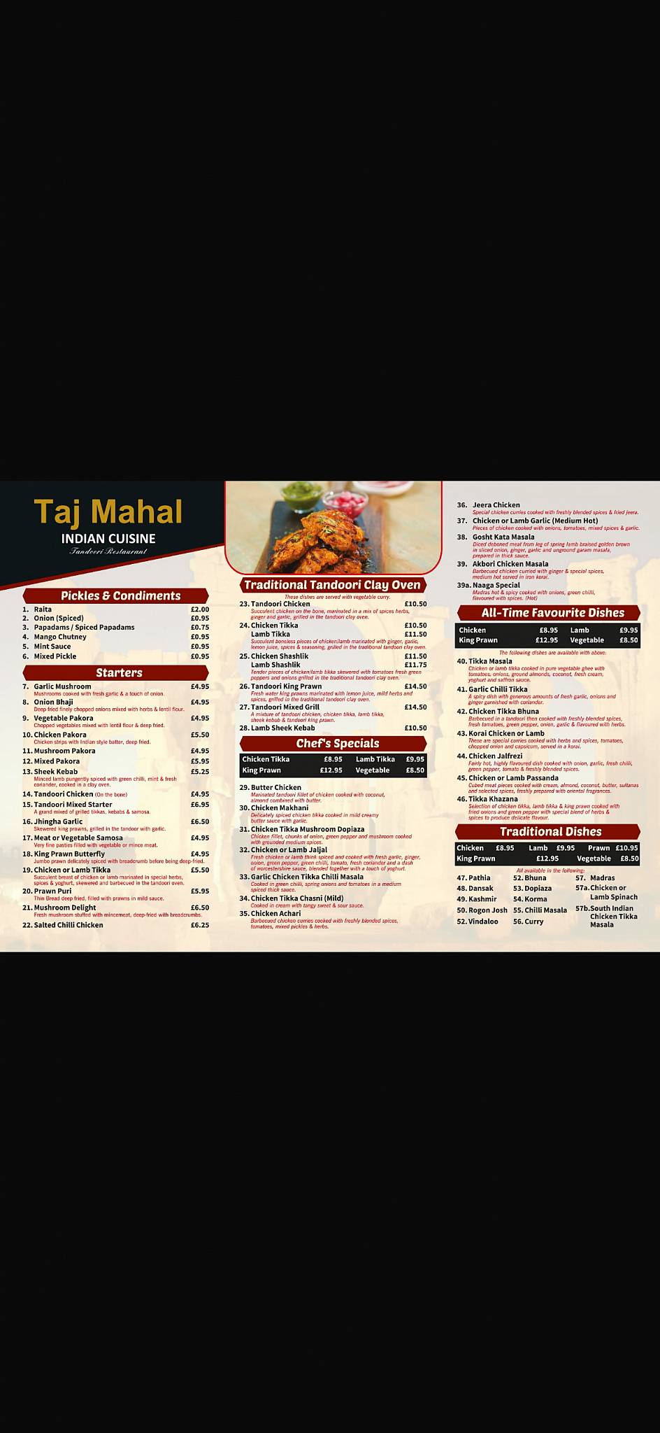Menu at Taj Mahal restaurant, Lochgilphead