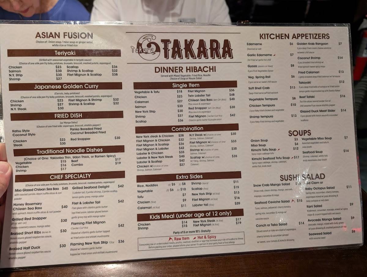 Menu at Takara restaurant, Port Orange, S Williamson Blvd