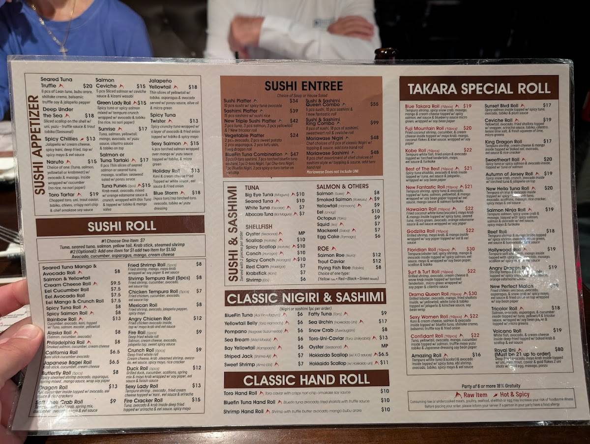 Menu at Takara restaurant, Port Orange, S Williamson Blvd