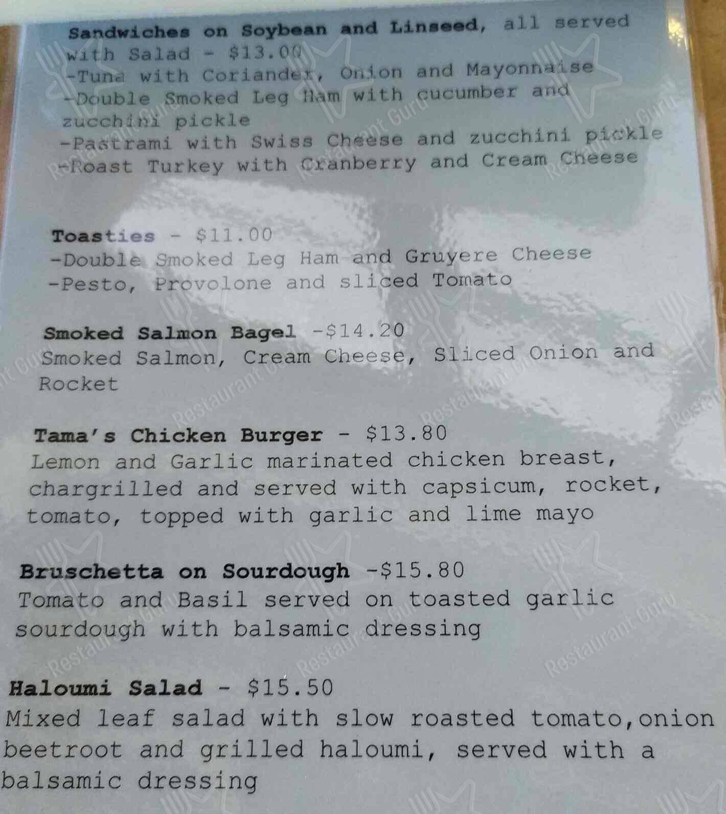 Menu at Tamarama Beach Kiosk cafe, Tamarama