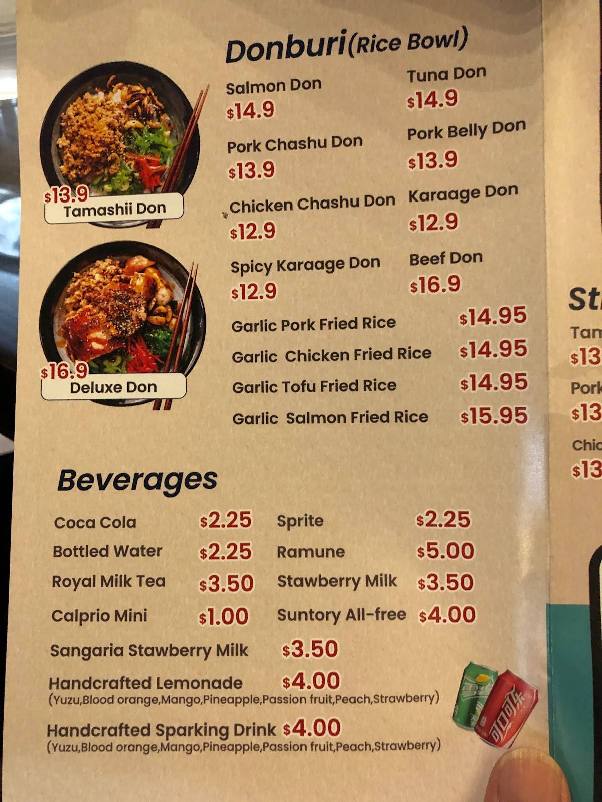 Menu at Tamashii Ramen restaurant, Chicago, 810 W Jackson Blvd