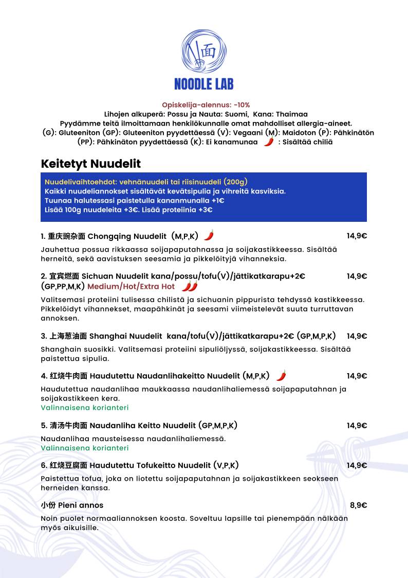 Menu at Ravintola Noodle Lab restaurant, Tampere