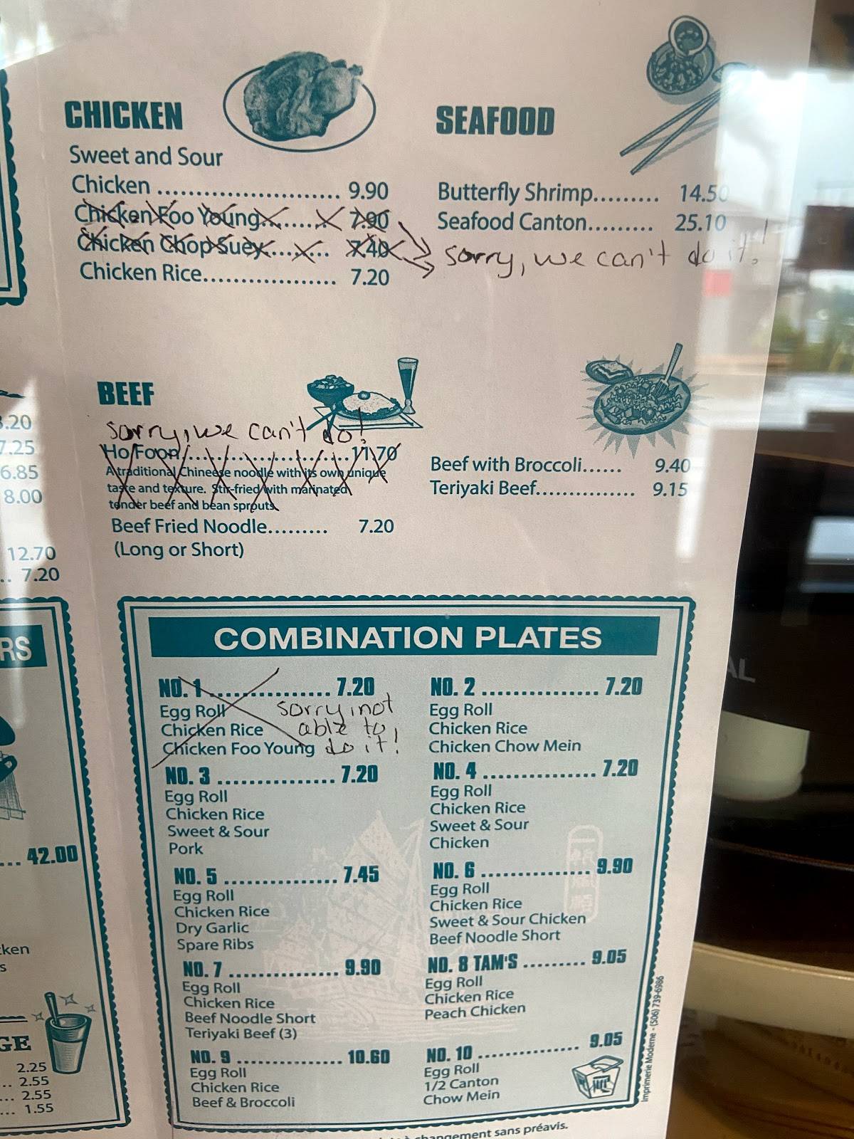 Menu at Tam's Chinese Food restaurant, Edmundston