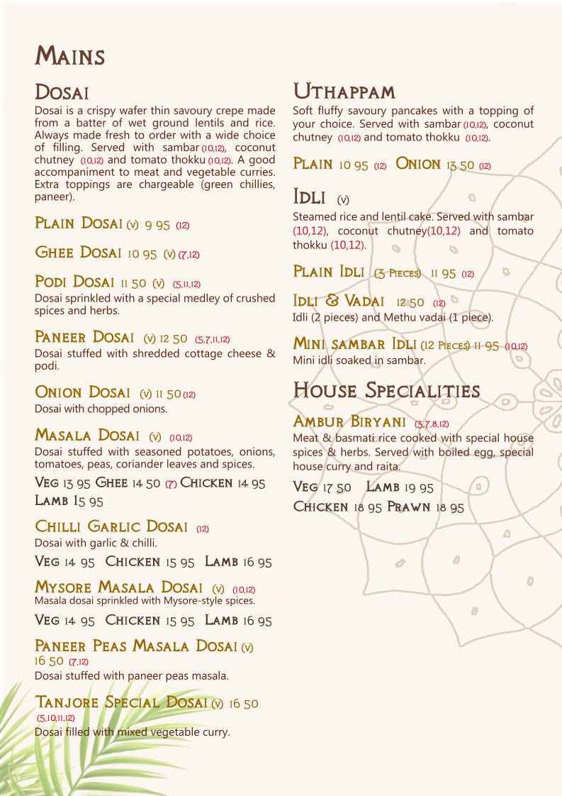 Menu at Tanjore restaurant, Edinburgh