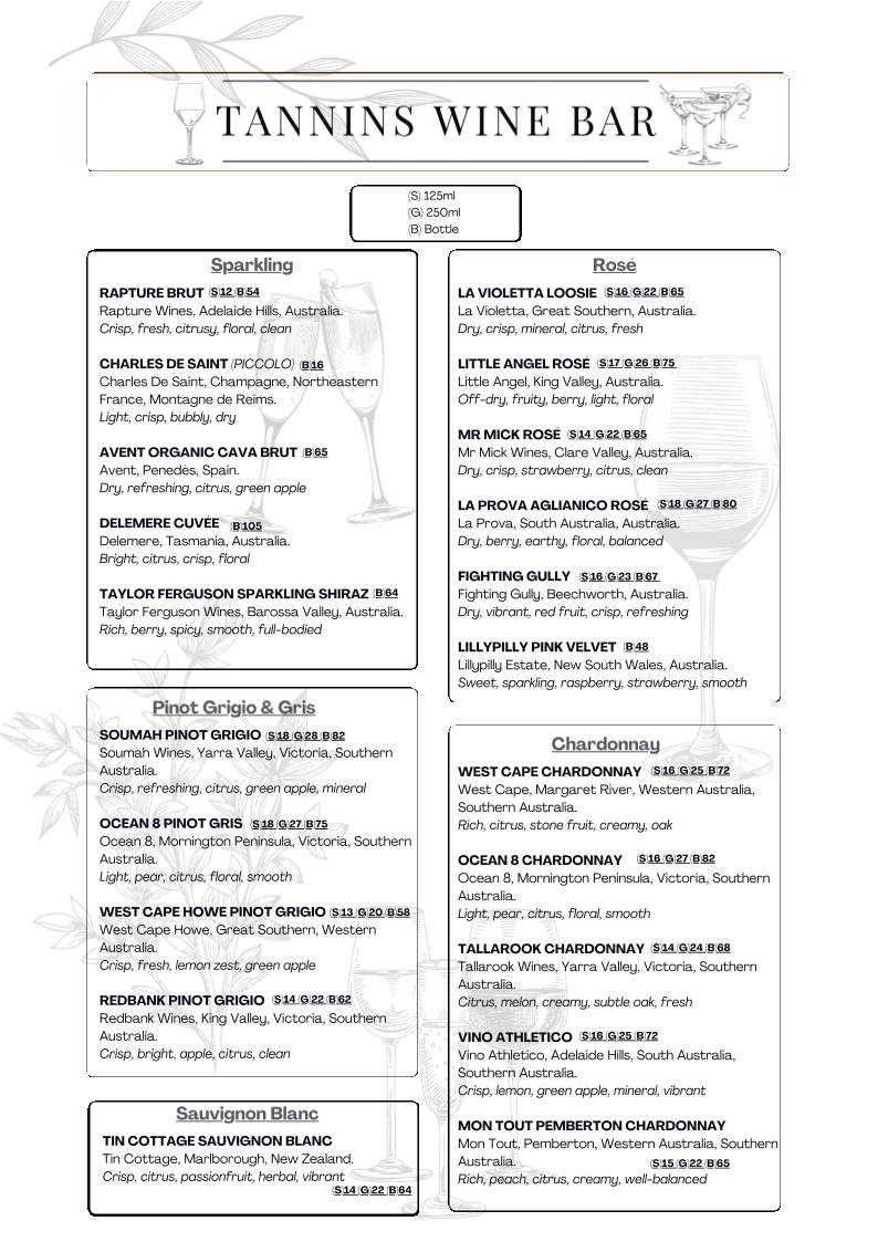 Menu at Tannins at Torquay restaurant, Torquay