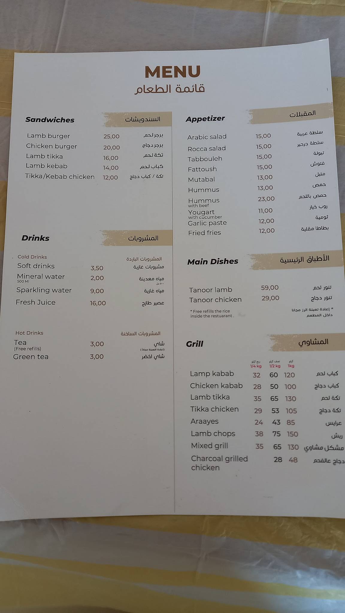 Menu at Tanoor Restaurant, UAE