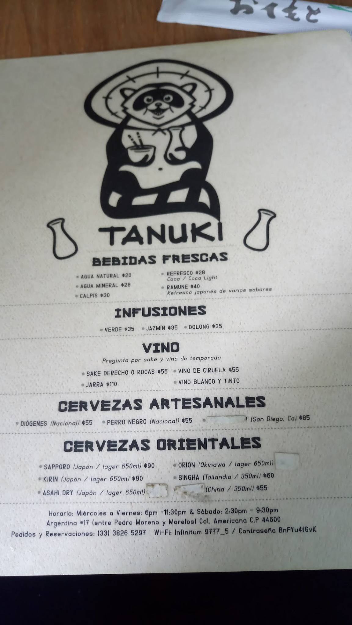 Menu at Tanuki restaurant, Guadalajara