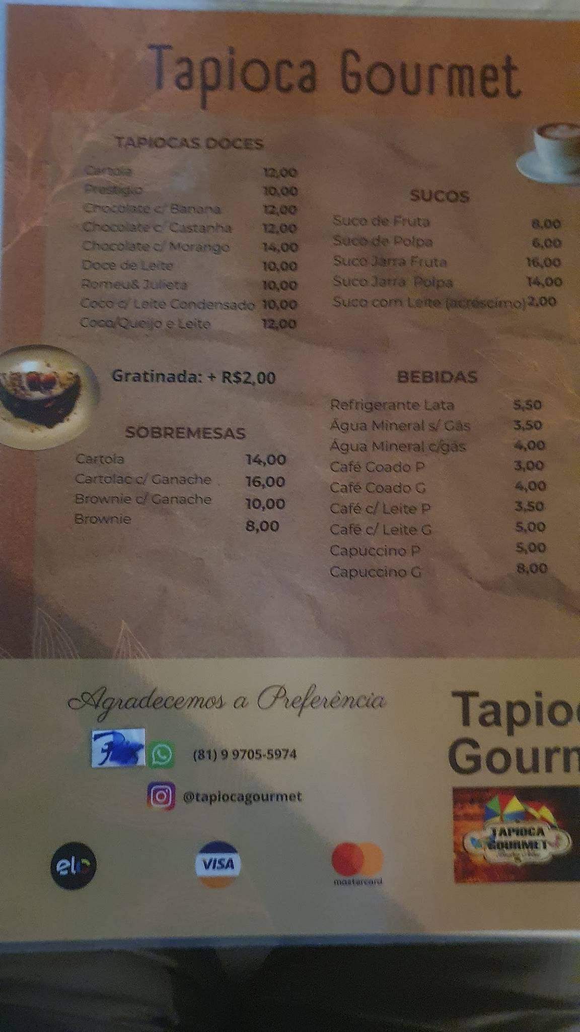 Menu at Tapioca Gourmet restaurant, Recife, R. Srg. Waldir Correia