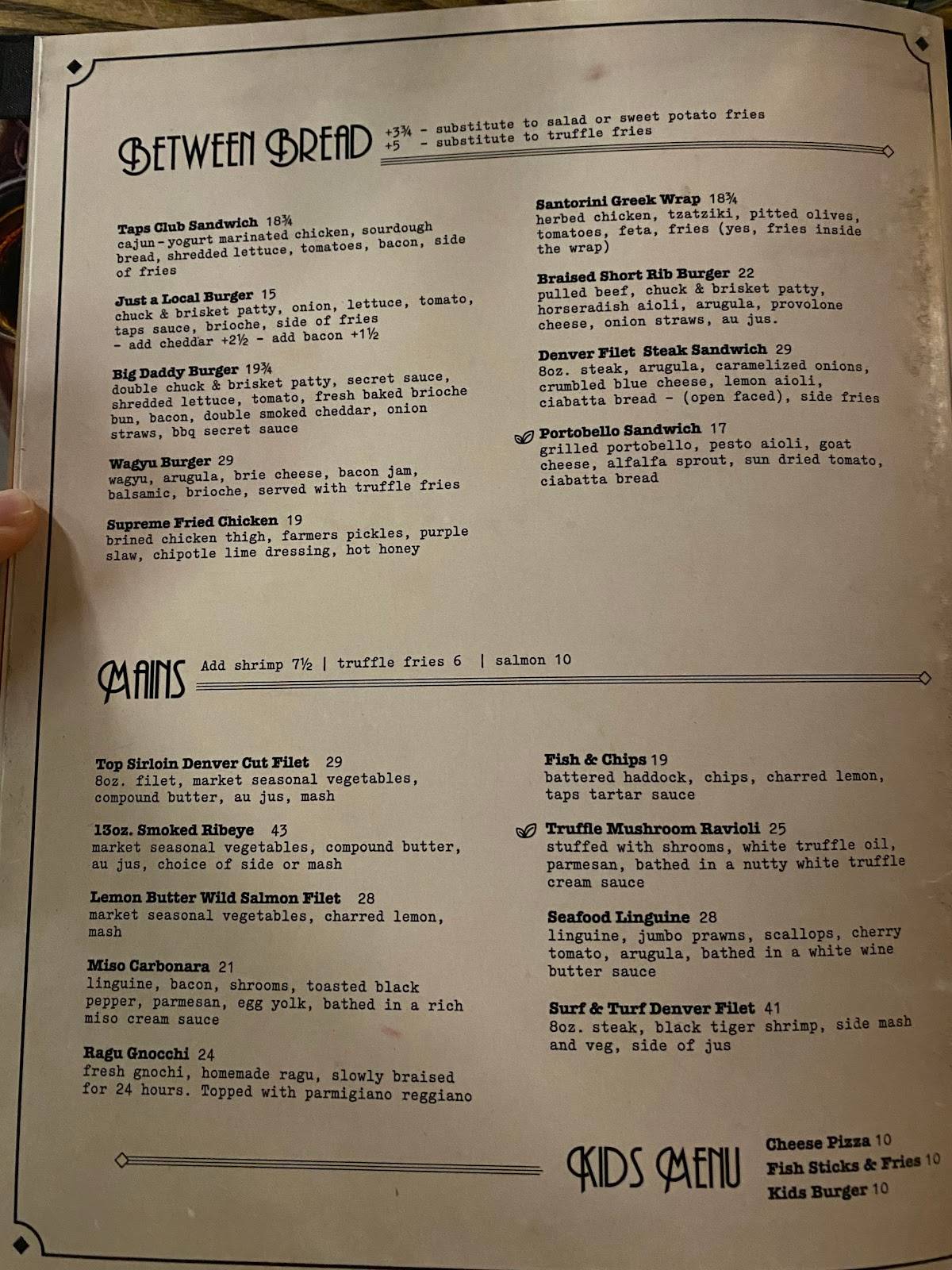 Menu at Taps Public House, Mississauga