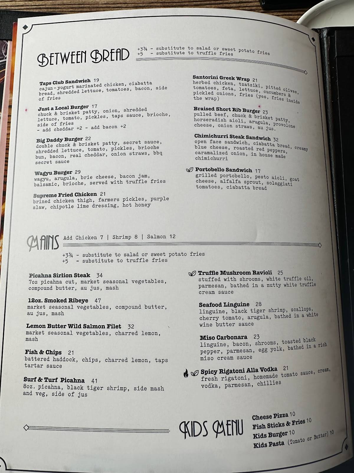 Menu at Taps Public House, Mississauga