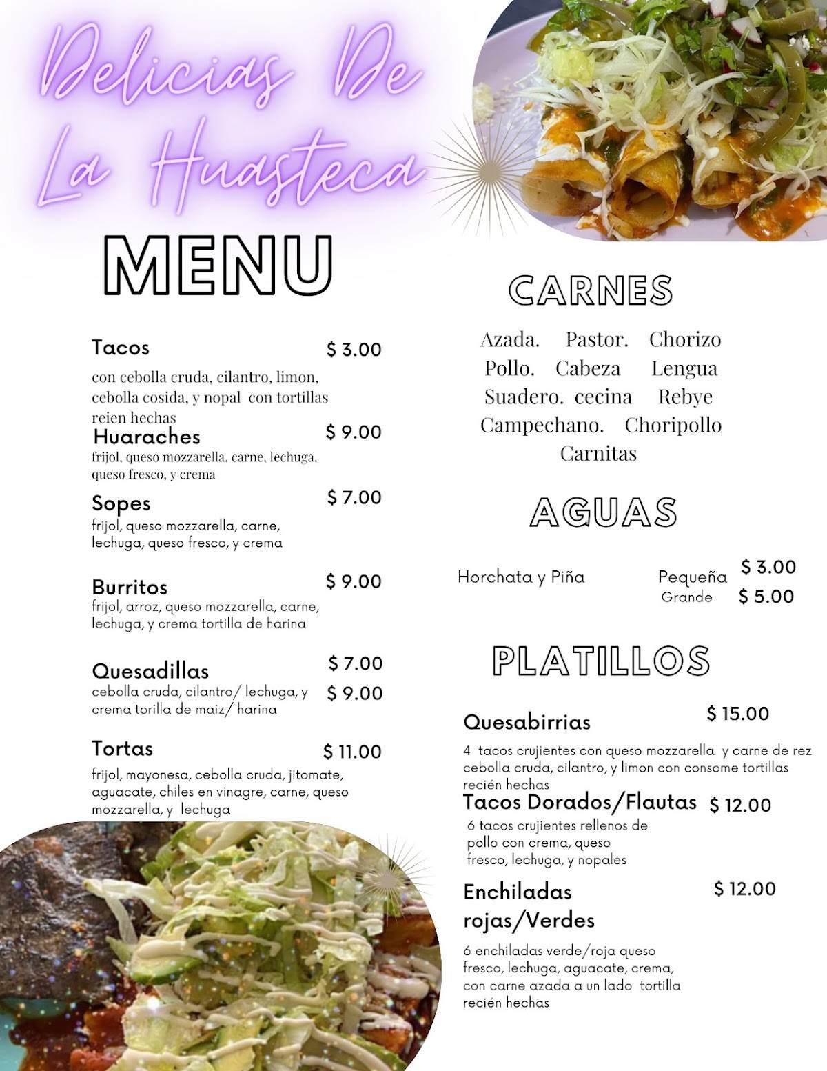 Menu at Taqueria Las Delicias de la Huasteca restaurant, Spartanburg