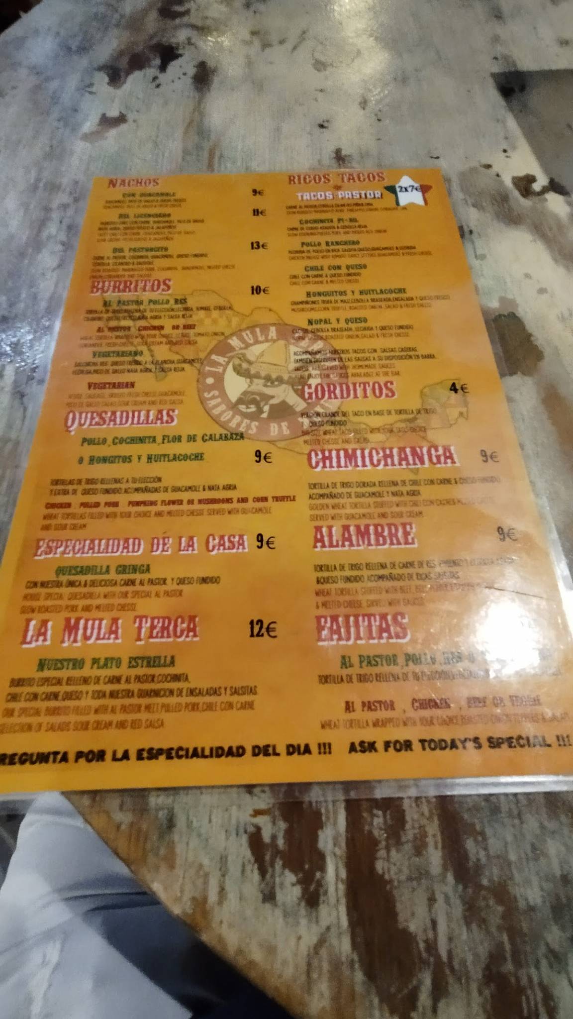 Menu at Taquería Mexicana La Mula Terca restaurant, Mojácar