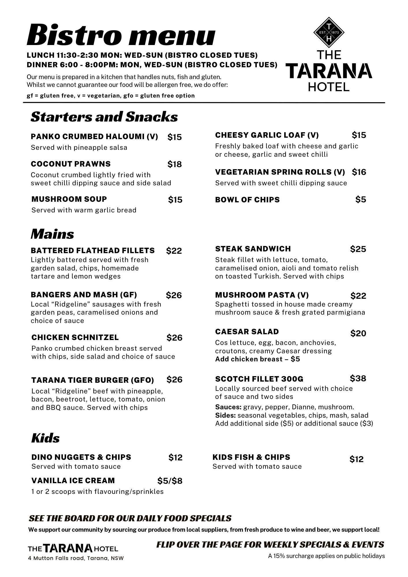 Menu at Tarana Hotel pub & bar, Tarana
