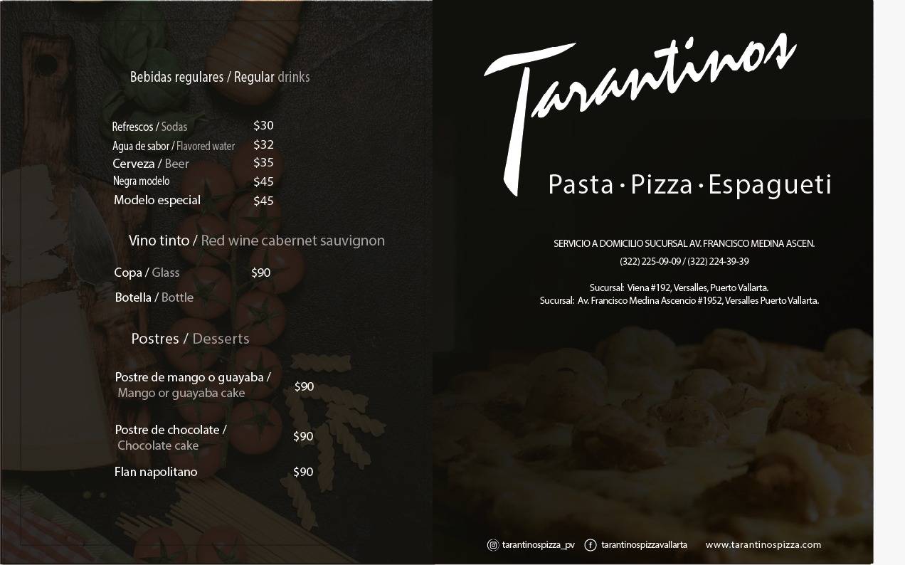Carta de pizzería Tarantinos Pizza, Puerto Vallarta, Viena 192