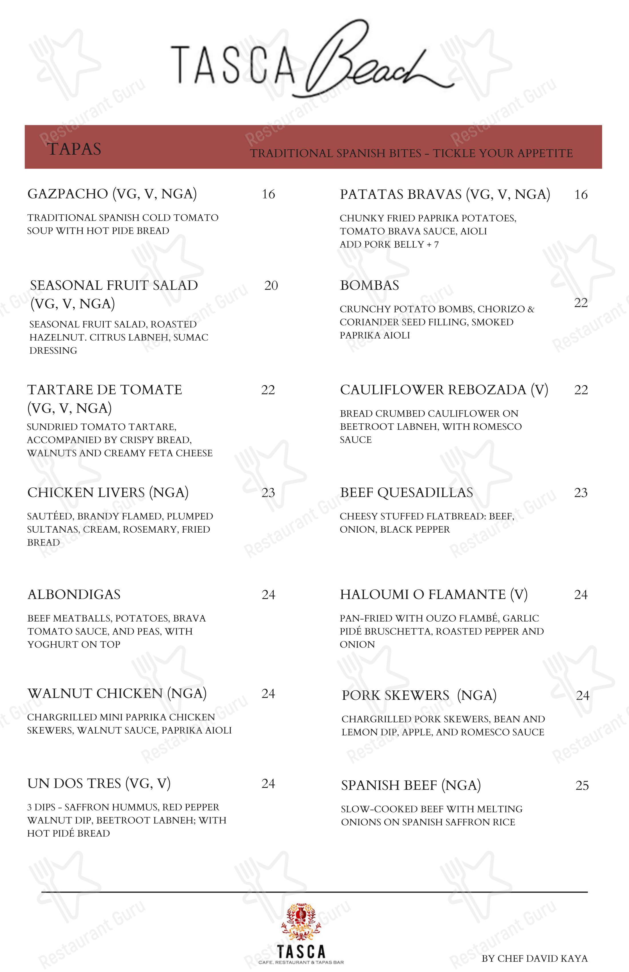 Menu at Tasca Beach restaurant, Orewa, 316 Hibiscus Coast Hwy