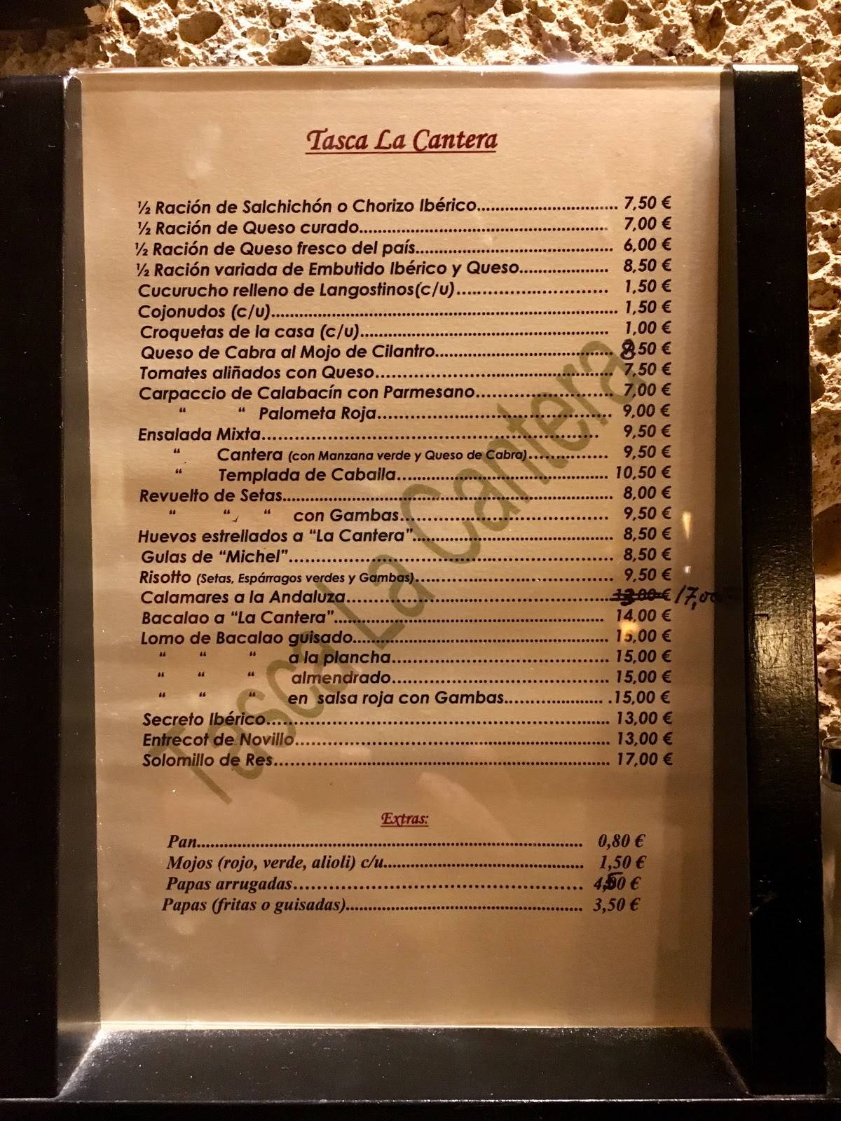 Menu at Tasca La Cantera restaurant, Granadilla de Abona