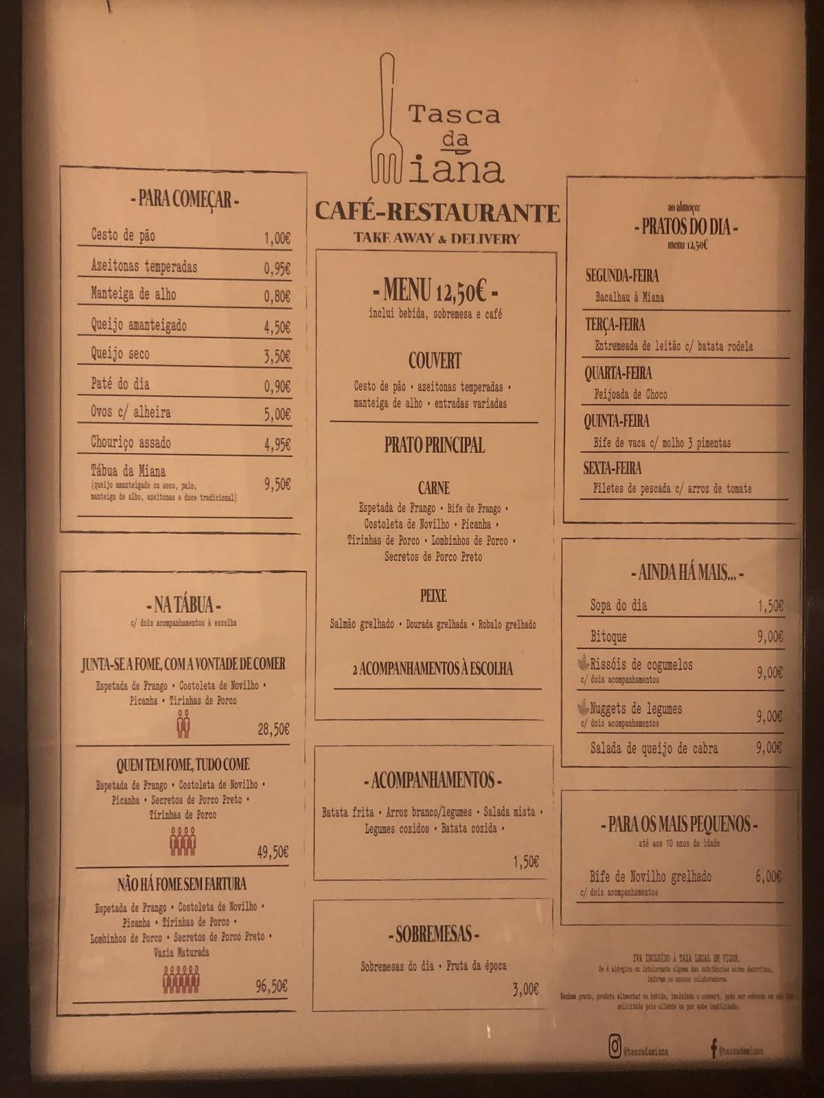 Menu em Tasca da Miana restaurante, Lousa