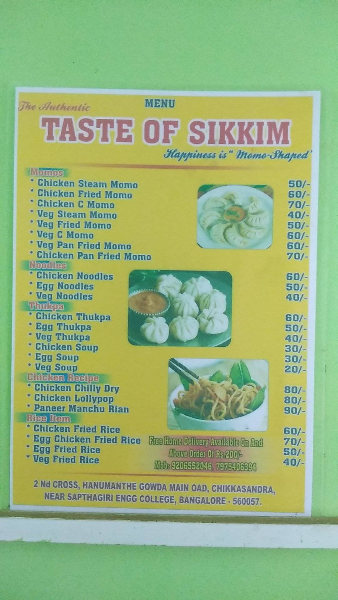 Menu at Taste Of Sikkim, Bengaluru, Opp Roy Supermarket Soladevanahalli