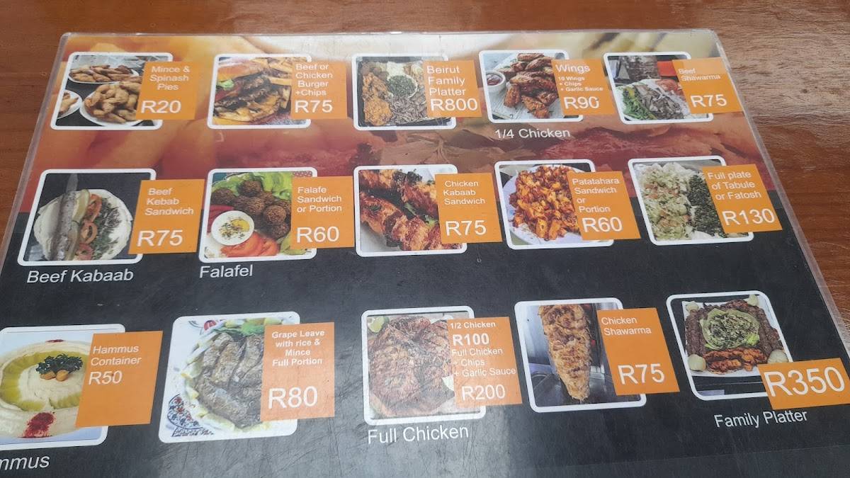 Menu at Taste of Beirut restaurant, South Africa, 332 Cape Rd